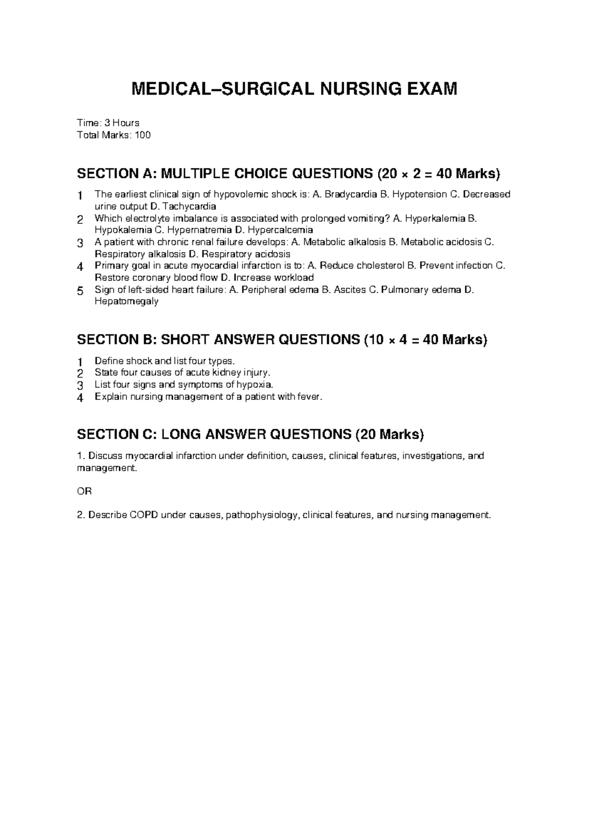NURS 101 Medical Surgical Nursing Final Exam Review - Studocu