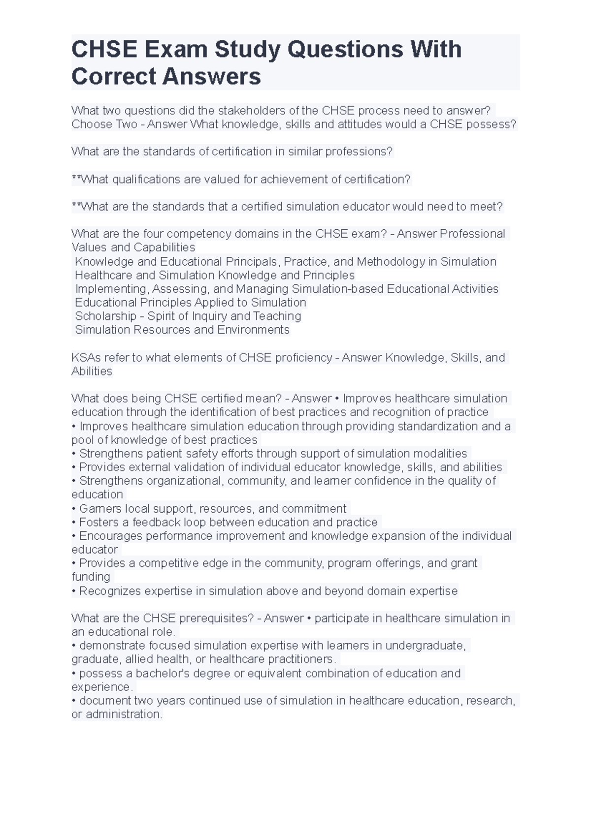 CHSE Exam Study Questions & Correct Answers Guide for Certification ...