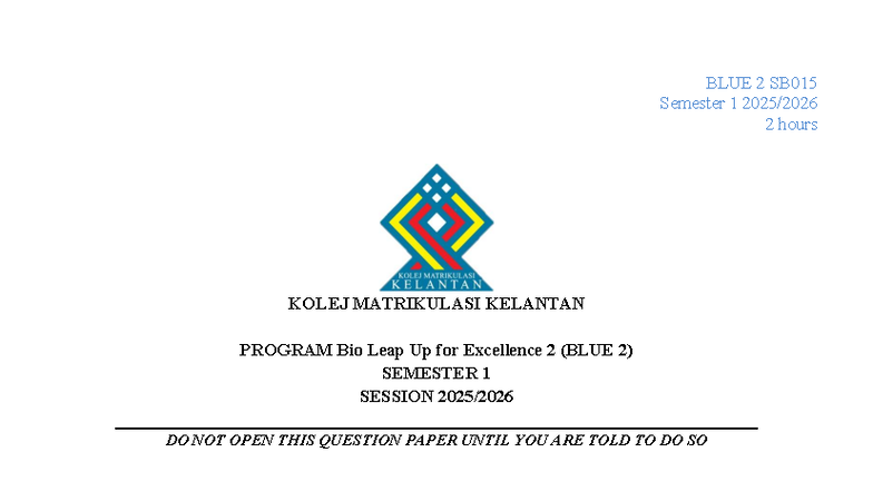 BLUE 2 SB015 Semester 1 Exam Questions and Answers - Studocu