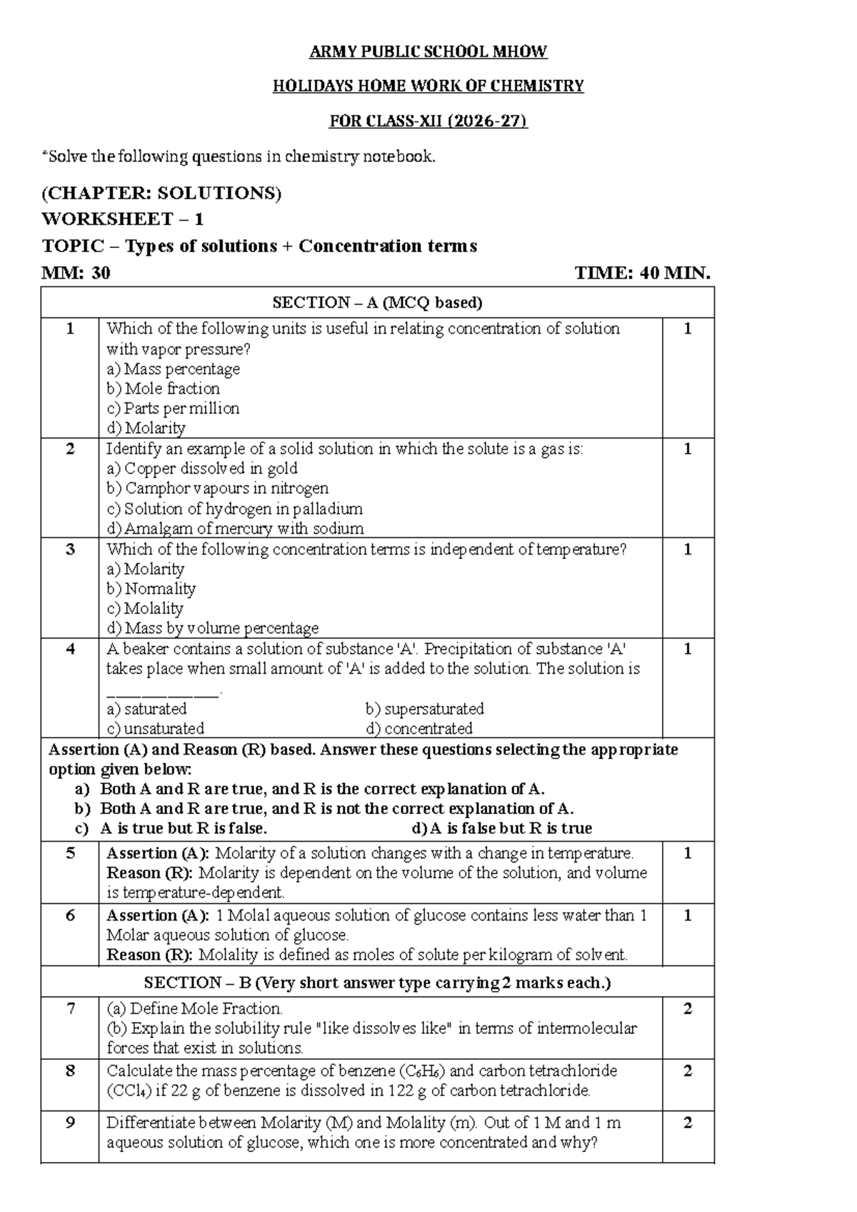 Chemistry Holidays Homework: Solutions (CHAPTER: SOLUTIONS) - Studocu