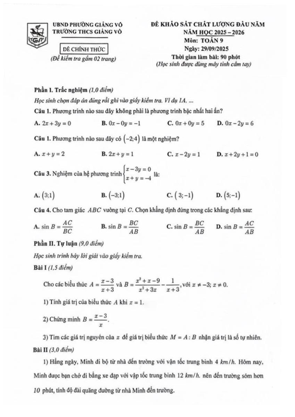 Đề Kiểm Tra Toán 9 Đầu Năm 2025-2026 - Trường THCS Giang Võ Hà Nội ...