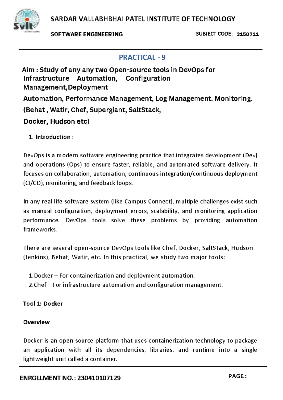 SE 3150711 Practical 9: DevOps Tools - Docker & Chef Overview - Studocu