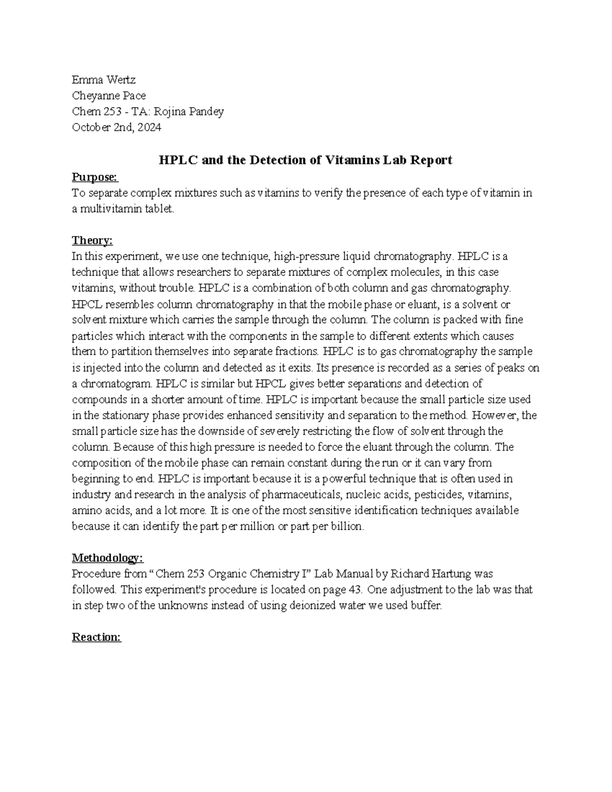 Chem 253: HPLC Lab Report on Vitamin Detection Analysis - Studocu