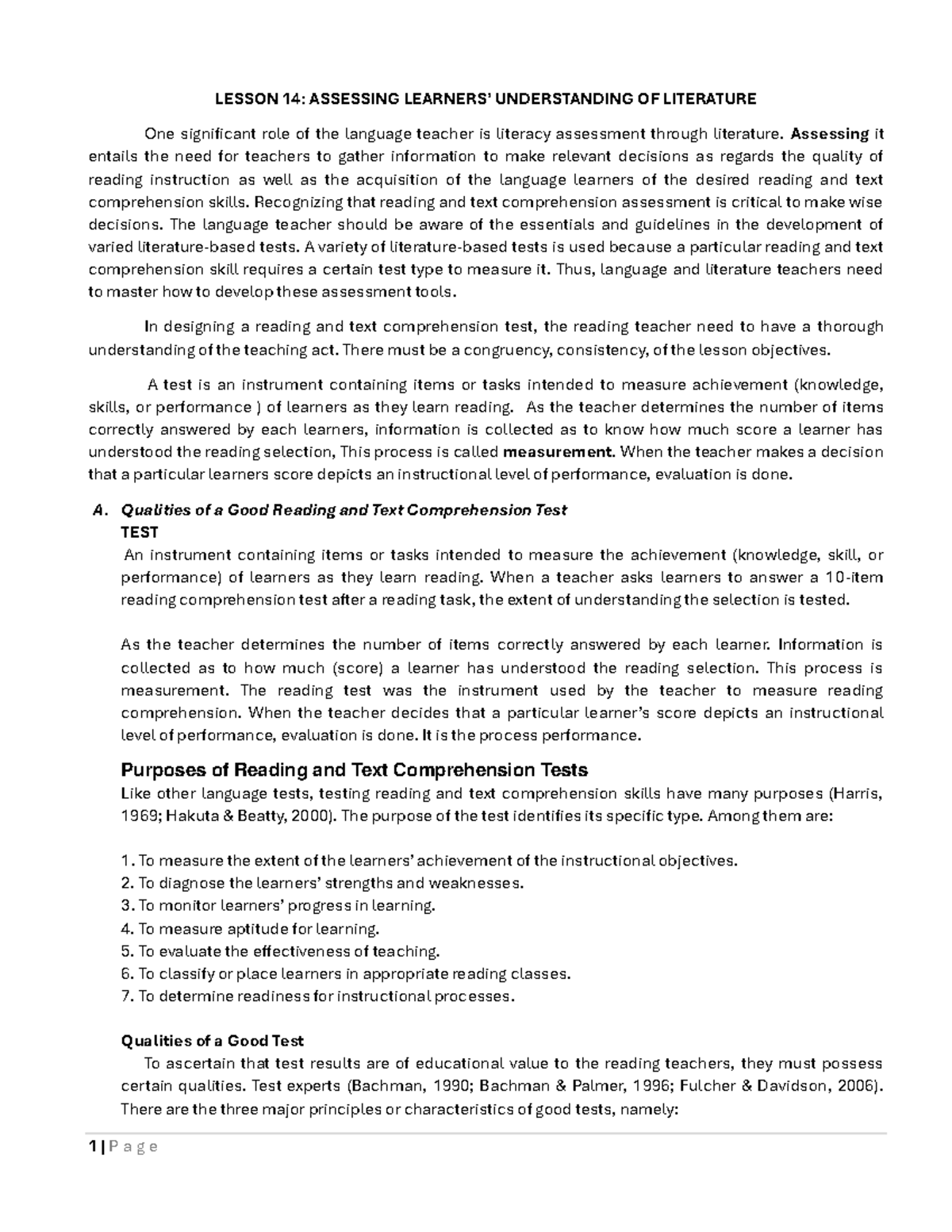 Lesson 14: Assessing Learners' Understanding of Literature - Studocu