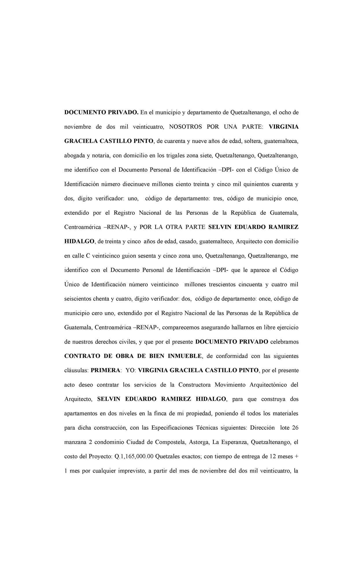 Contrato de Construcción entre Virginia Castillo y Selvin Ramírez - Studocu