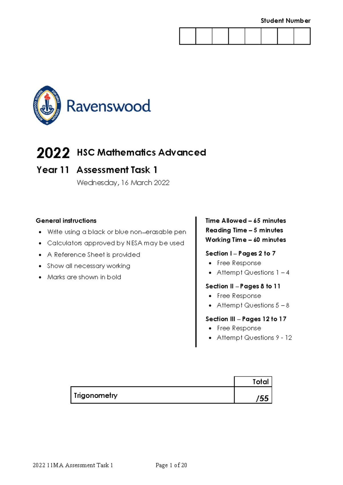 2022 11MAA Assessment Task 1: HSC Mathematics Advanced - Studocu