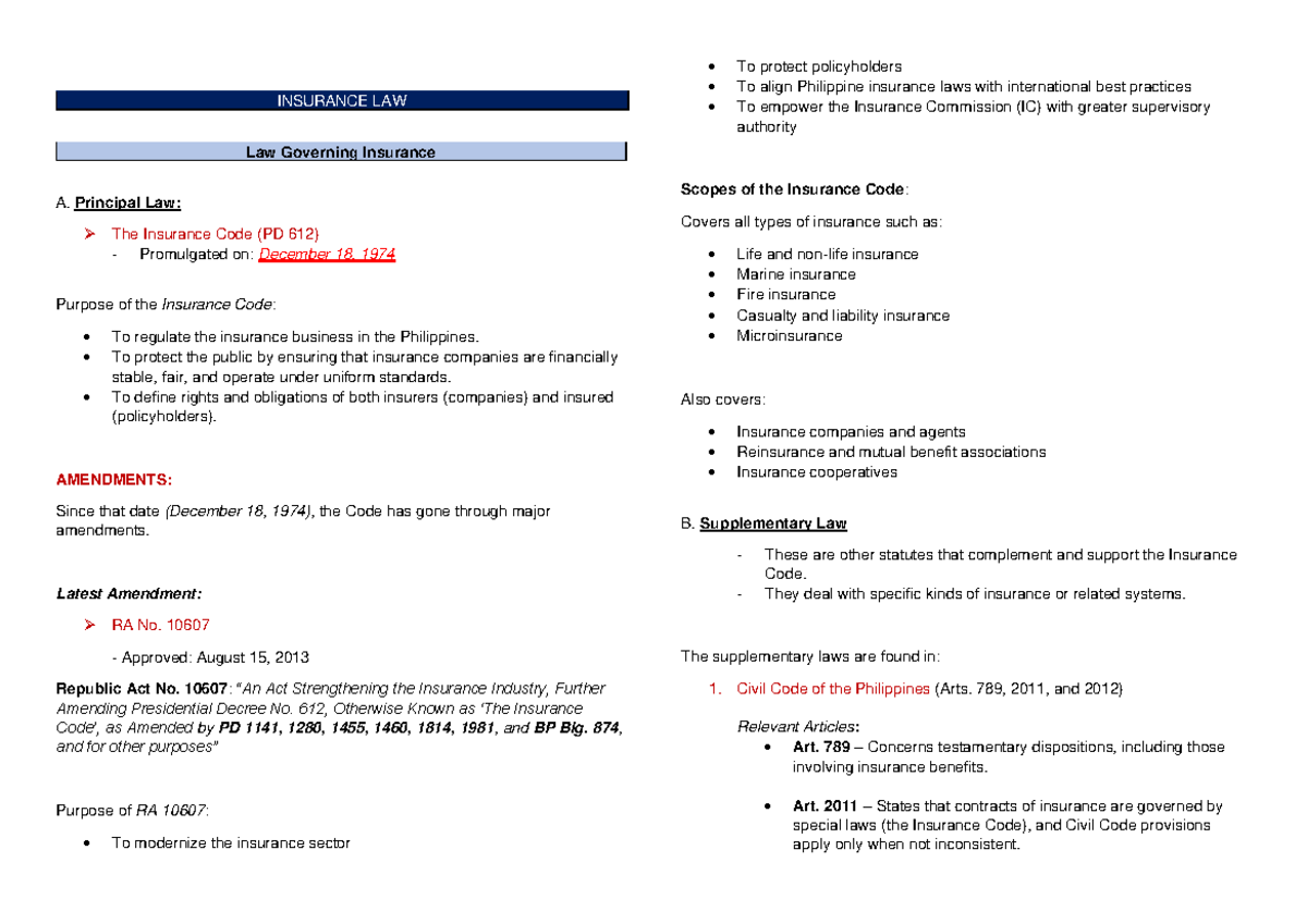 Insurance Law: Key Principles and Regulations in the Philippines - Studocu