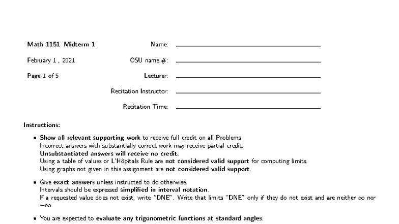 Math 1151 Midterm 1 Sample Exam - Spring 2021 - Studocu