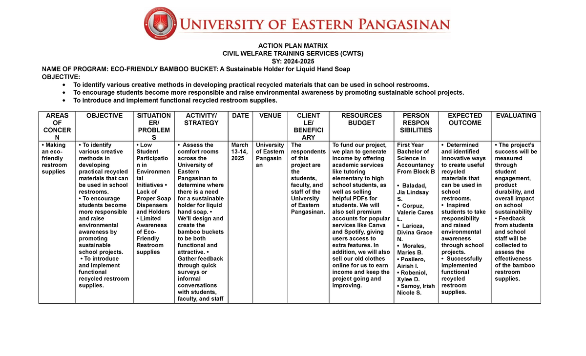 Eco-Friendly Bamboo Bucket Project Action Plan - NSTP 2024 - Studocu