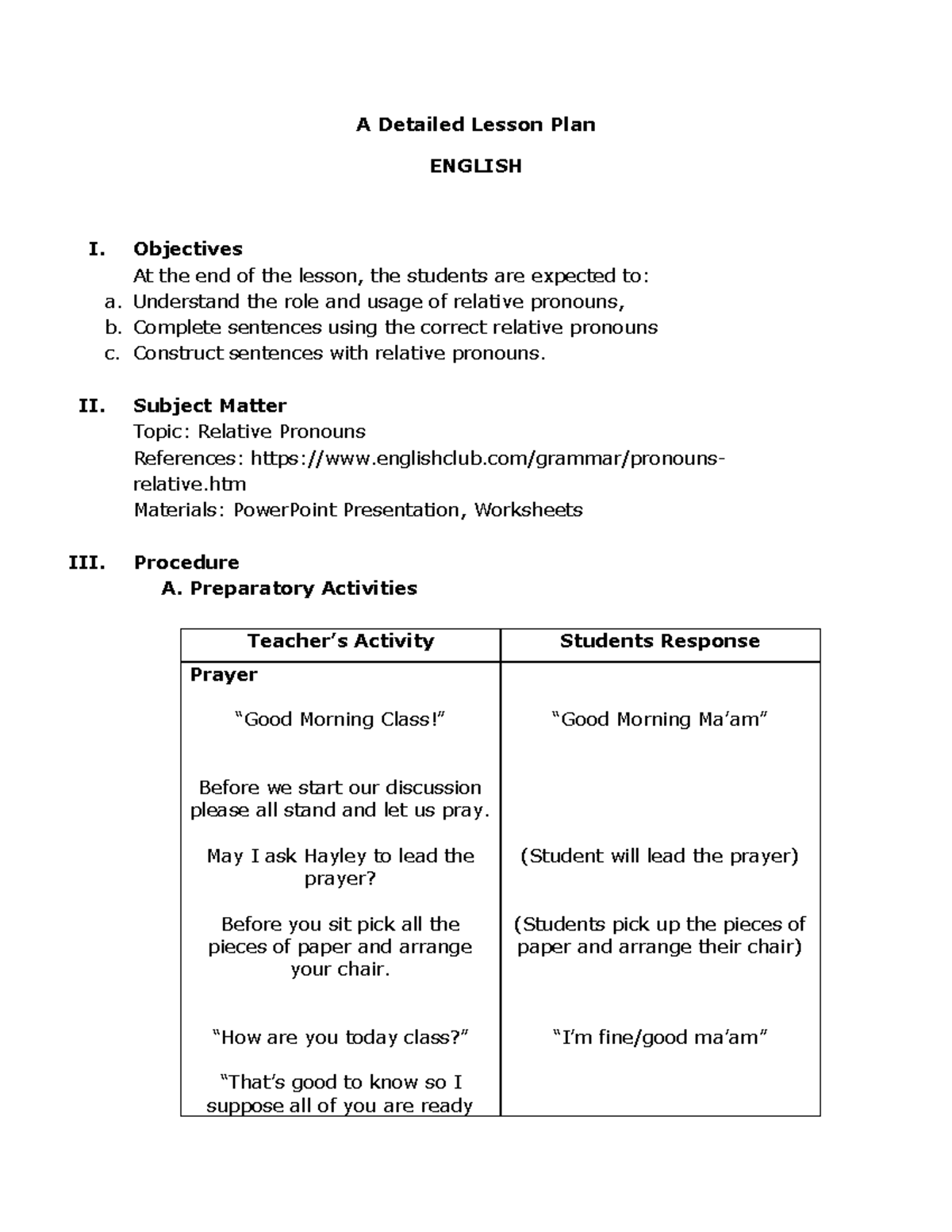 DLP - Comprehensive Lesson Plan on Relative Pronouns - Studocu