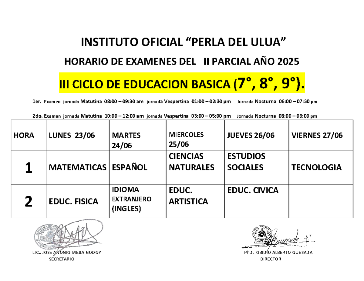Horario de Exámenes II Parcial 2025 - Instituto Perla del Ulúa - Studocu