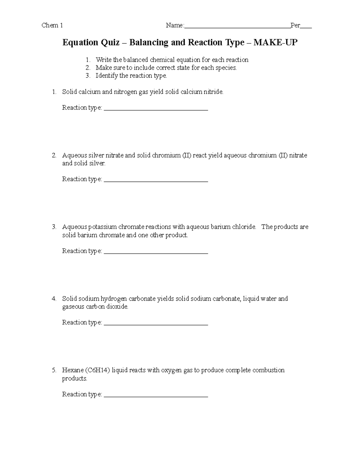 Chem 1 Quiz: Balancing Equations & Reaction Types - Studocu