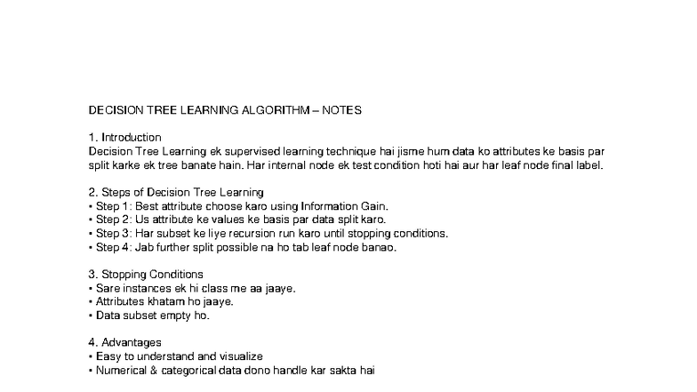 DECISION TREE LEARNING ALGORITHM NOTES: A COMPREHENSIVE GUIDE - Studocu