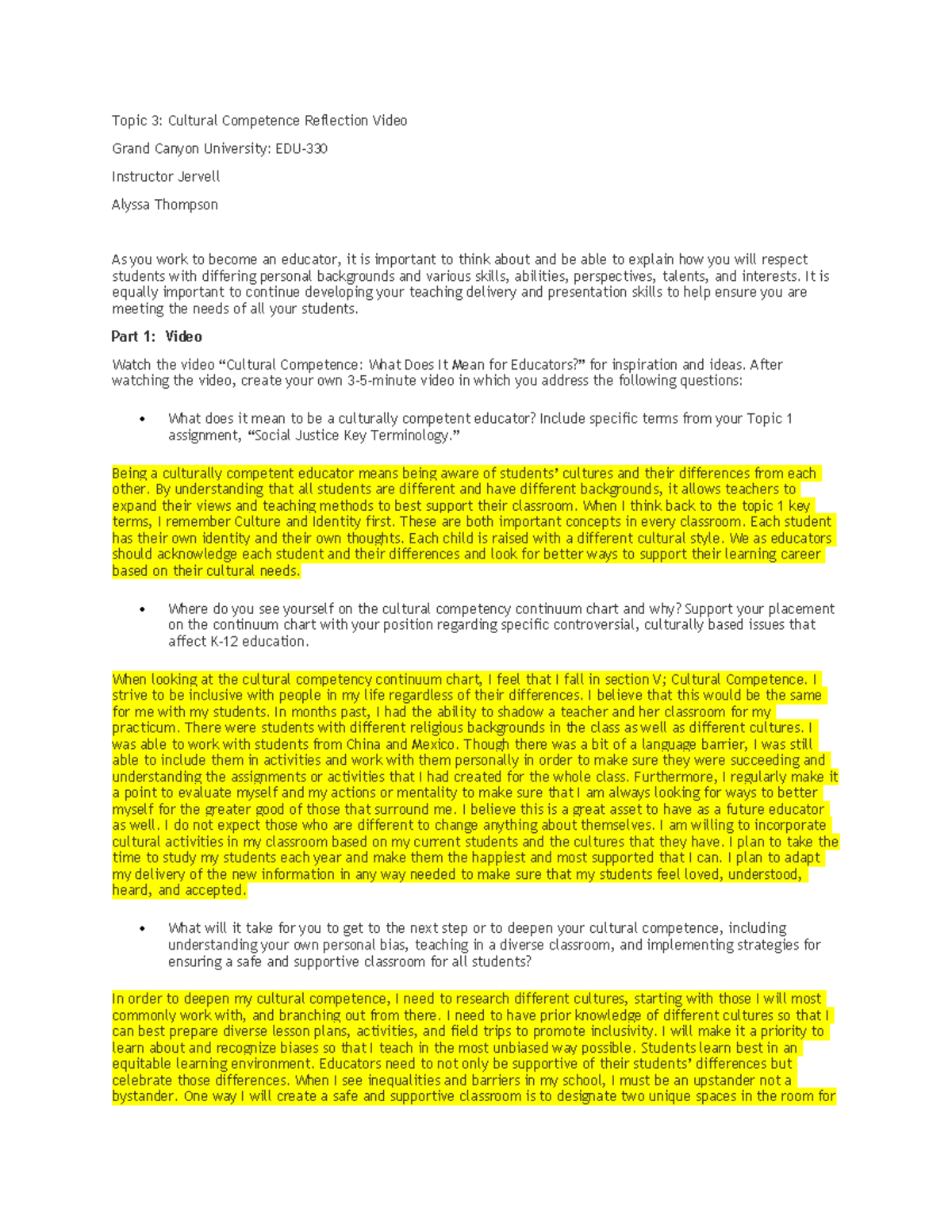 Cultural Competence Reflection Video - EDU330 Final Exam Insights - Studocu