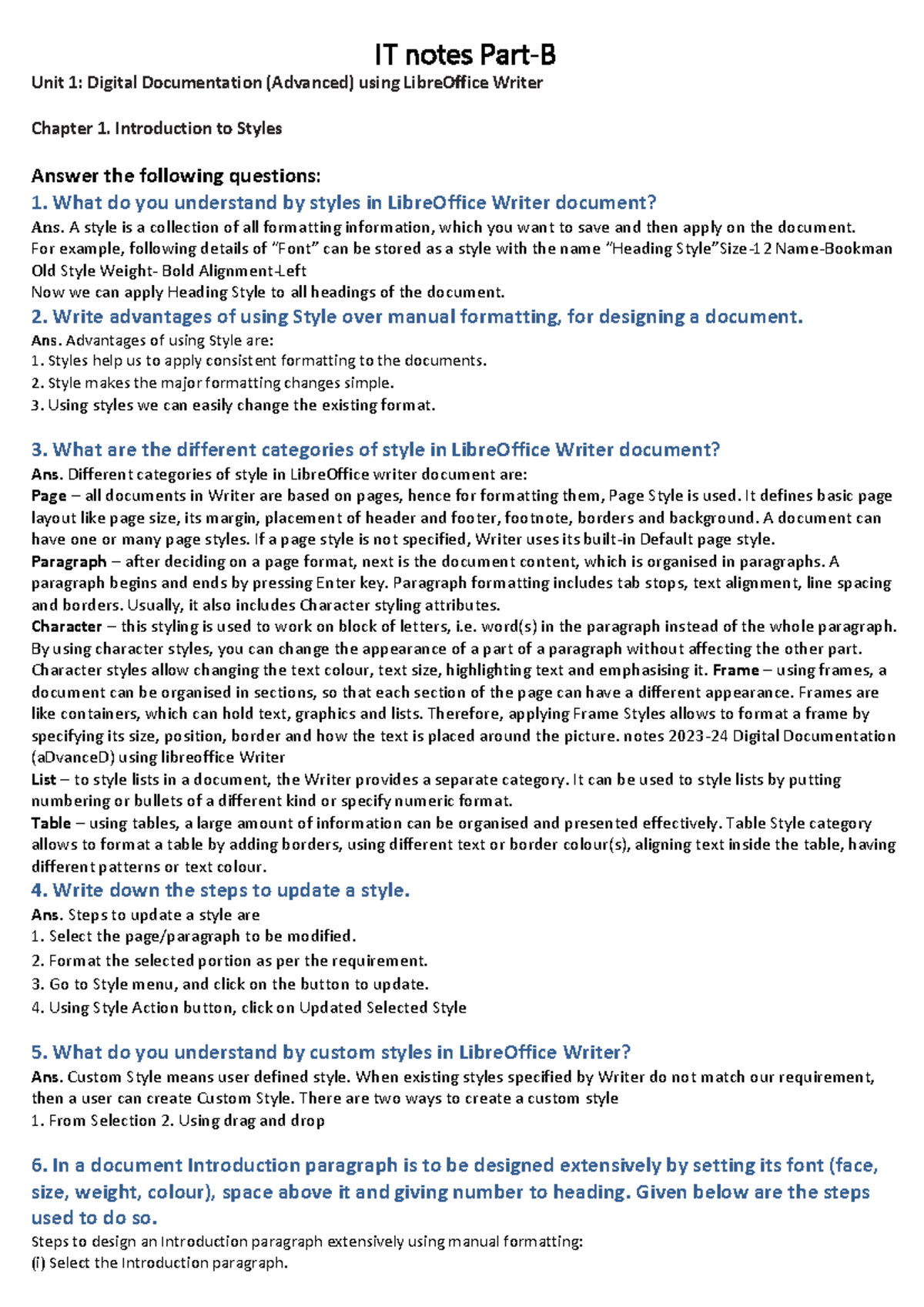 IT Notes Part B: Advanced Techniques in LibreOffice Writer & Calc - Studocu