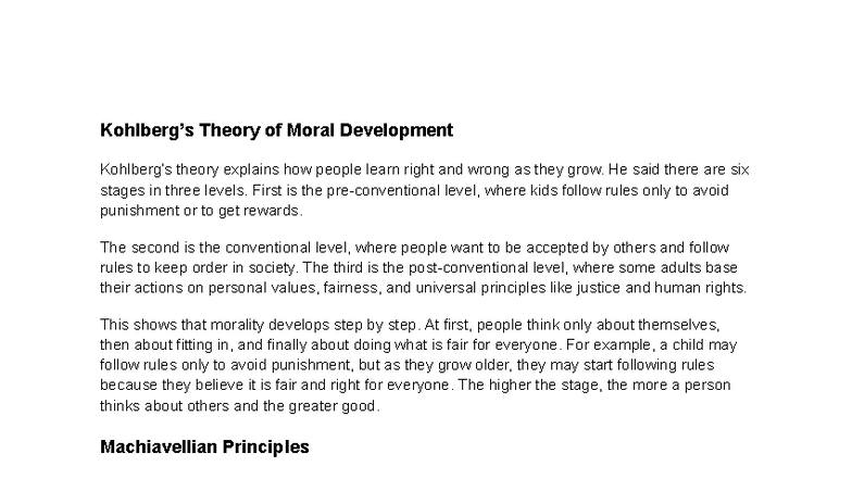 BACC104 - Essay on Moral Development, Machiavellianism, and ...