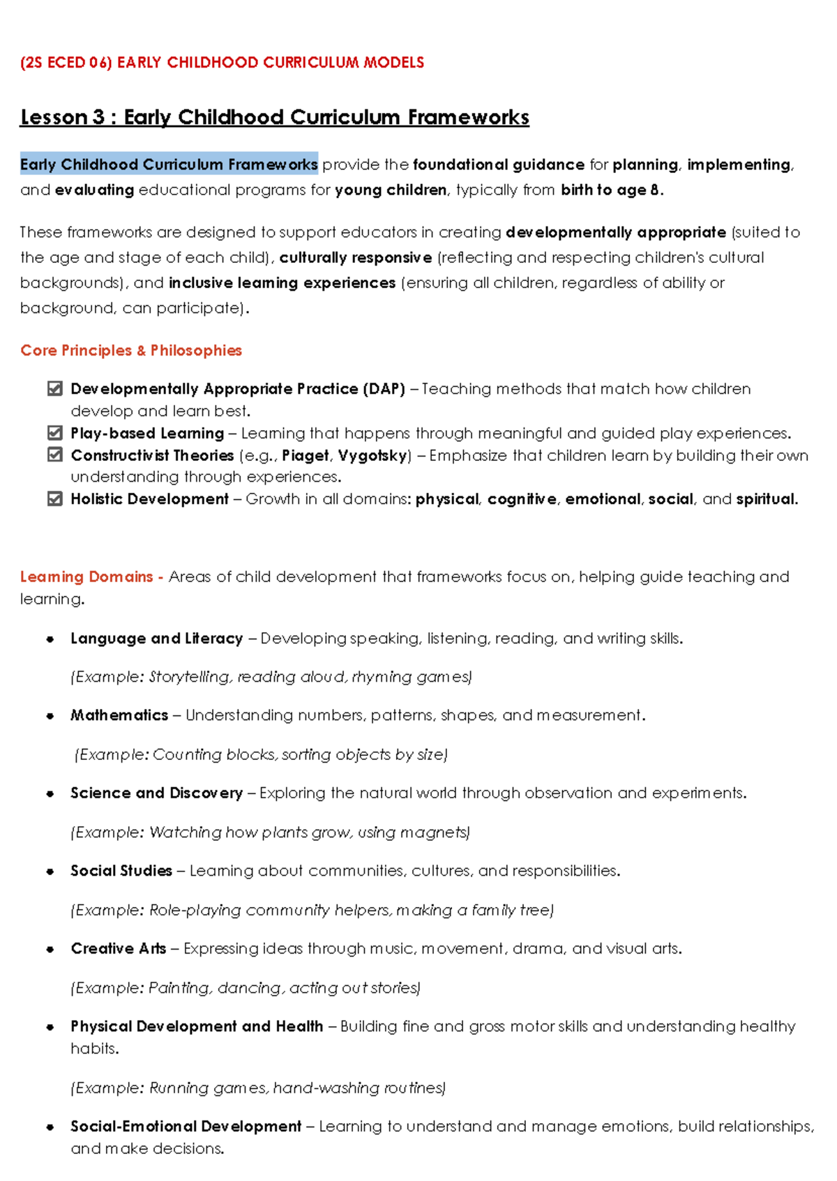 (2S ECED 06) Early Childhood Curriculum Models: Lesson 3 - Frameworks ...
