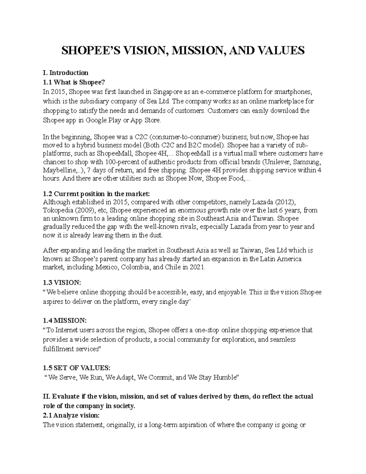 Shopee Vision and Mission Analysis: Essay Assignment Overview - Studocu