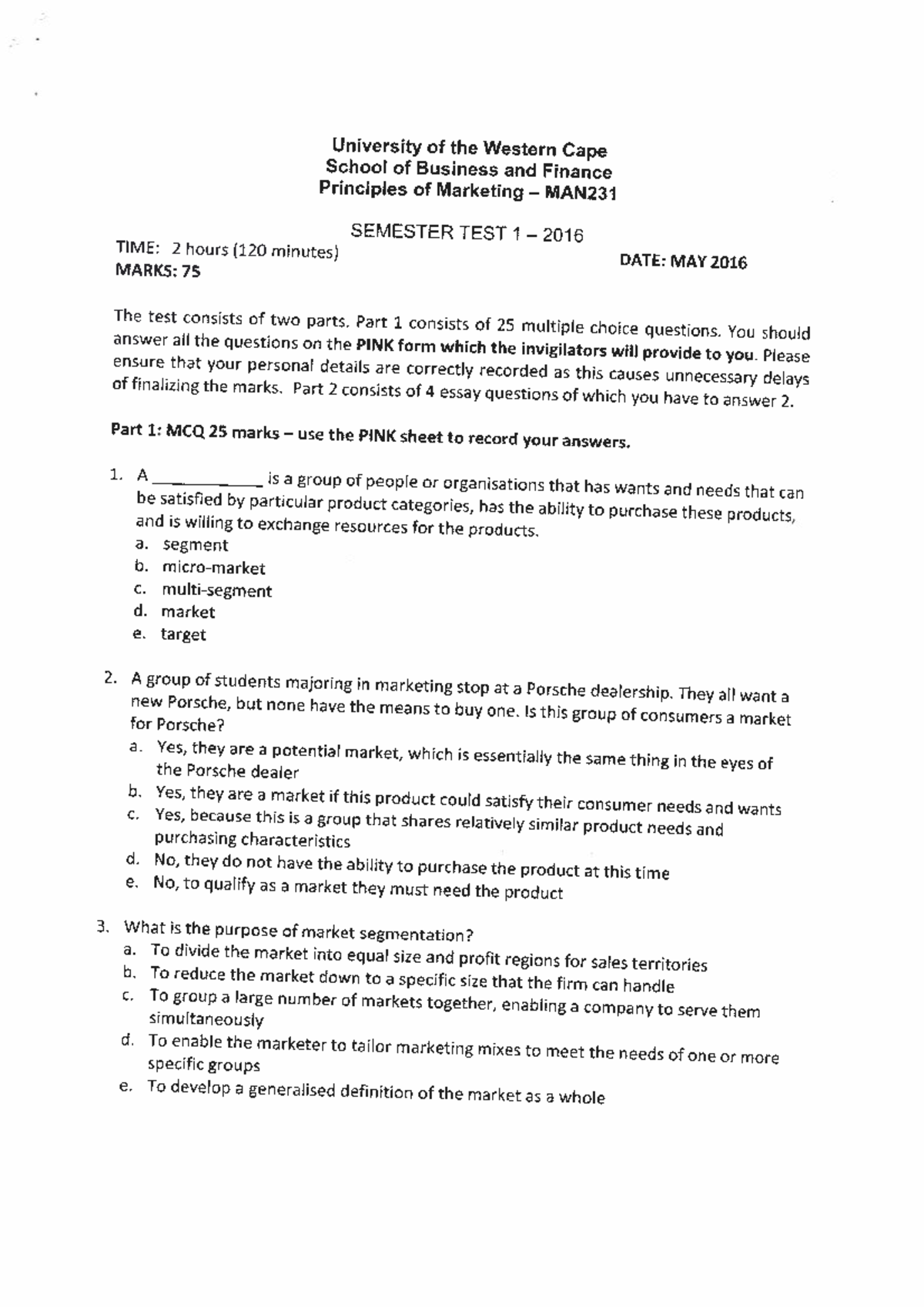 MAN231 Semester Test 1 - Principles of Marketing (May 2016) Questions ...