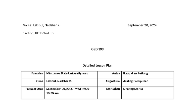 Detailed Lesson Plan on Kasarinlan (GED 103) - BEED 2nd B - Studocu
