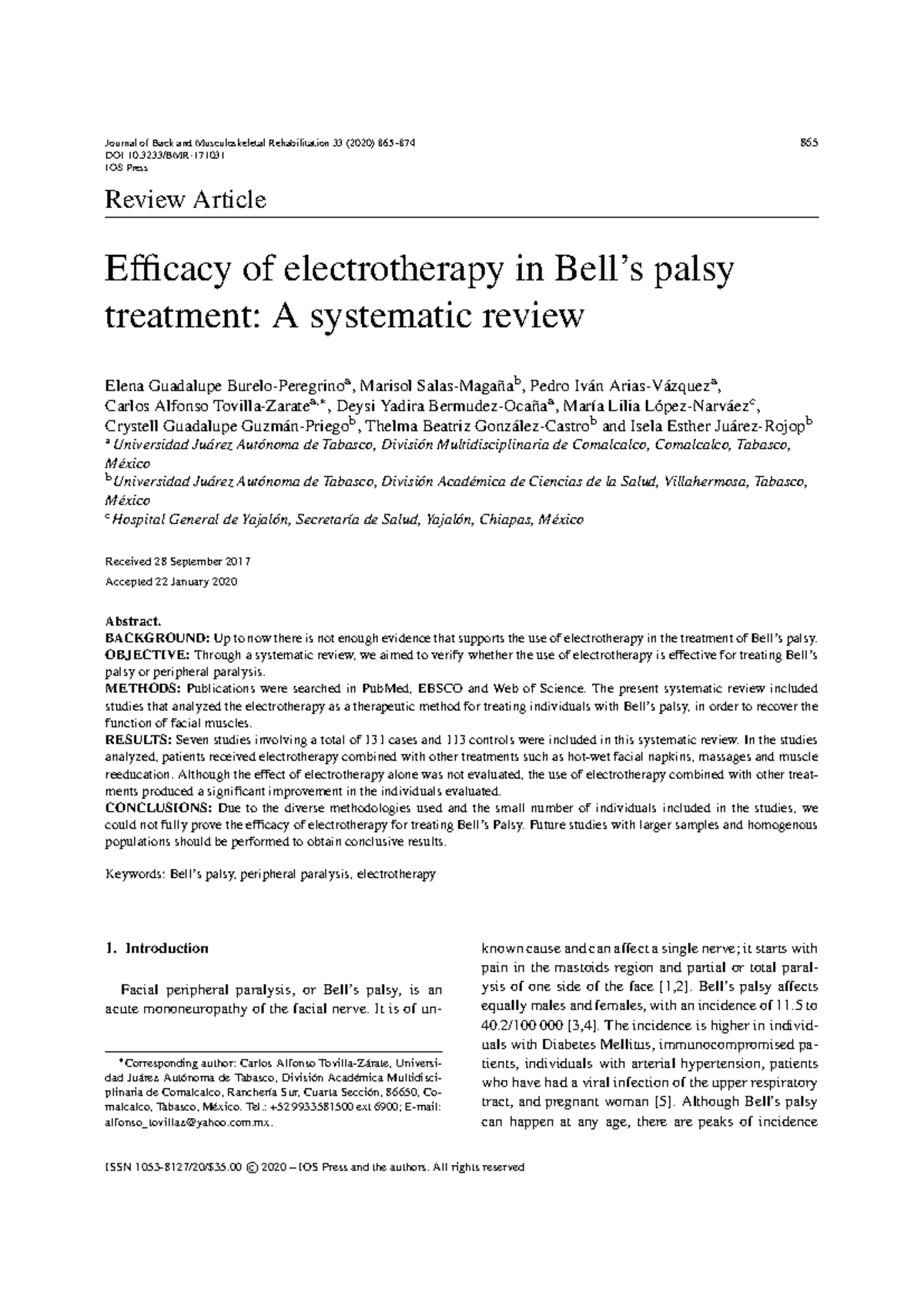 2020 - Efficacy of Electrotherapy in Bell's Palsy Treatment: A ...