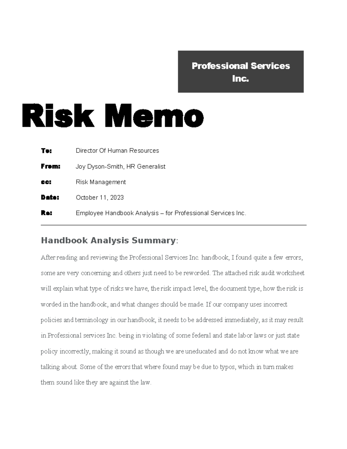 Risk Memo: Employee Handbook Analysis for Professional Services Inc ...