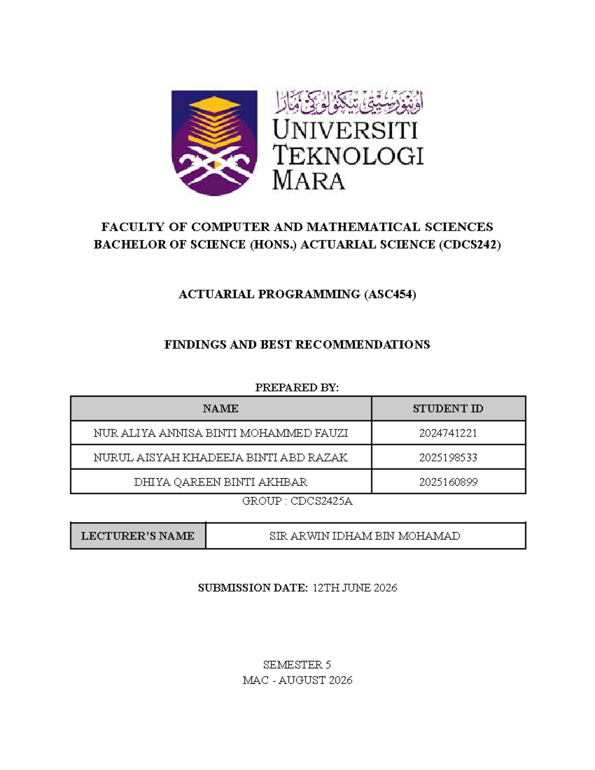 ASC454 - Actuarial Programming Findings and Recommendations - Studocu