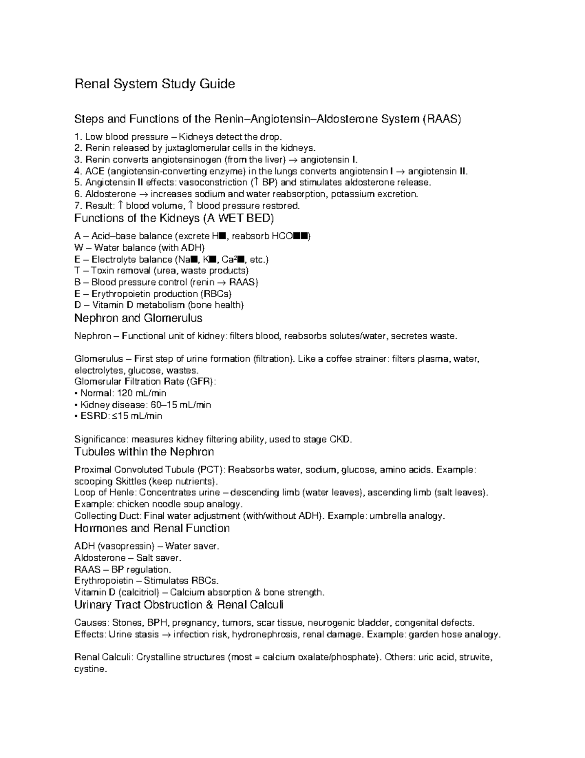 Renal System Study Guide: Functions and RAAS Mechanism (BIO 101) - Studocu