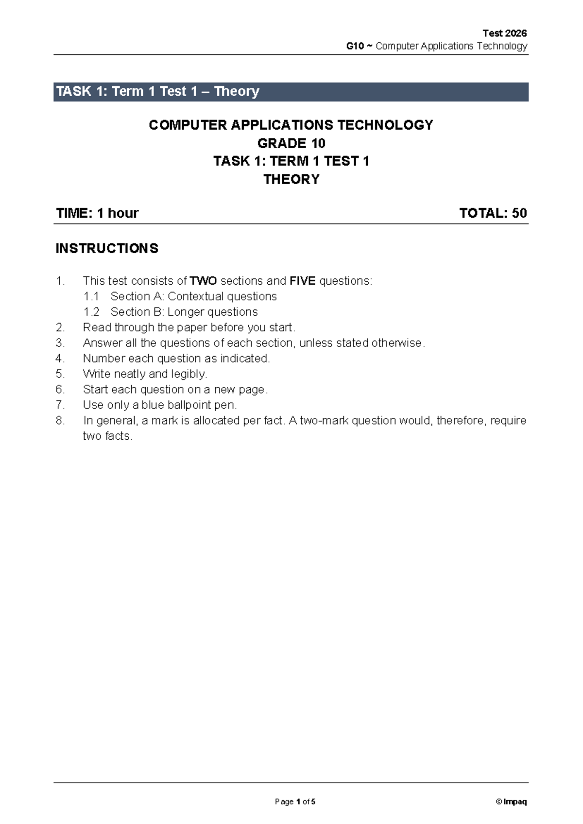 G10 Computer Applications Technology TASK 1: Term 1 Test 1 Theory - Studocu