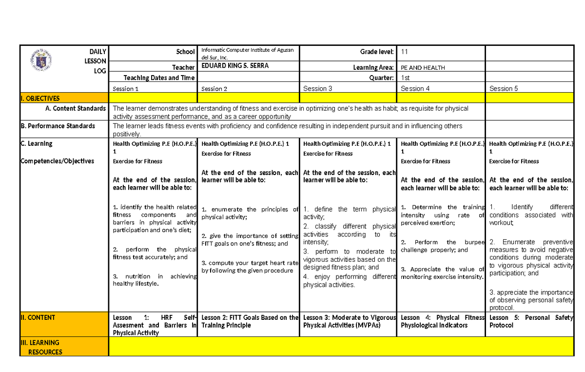 DLL-PE - Daily Lesson Log for Grade 11 Physical Education - Studocu
