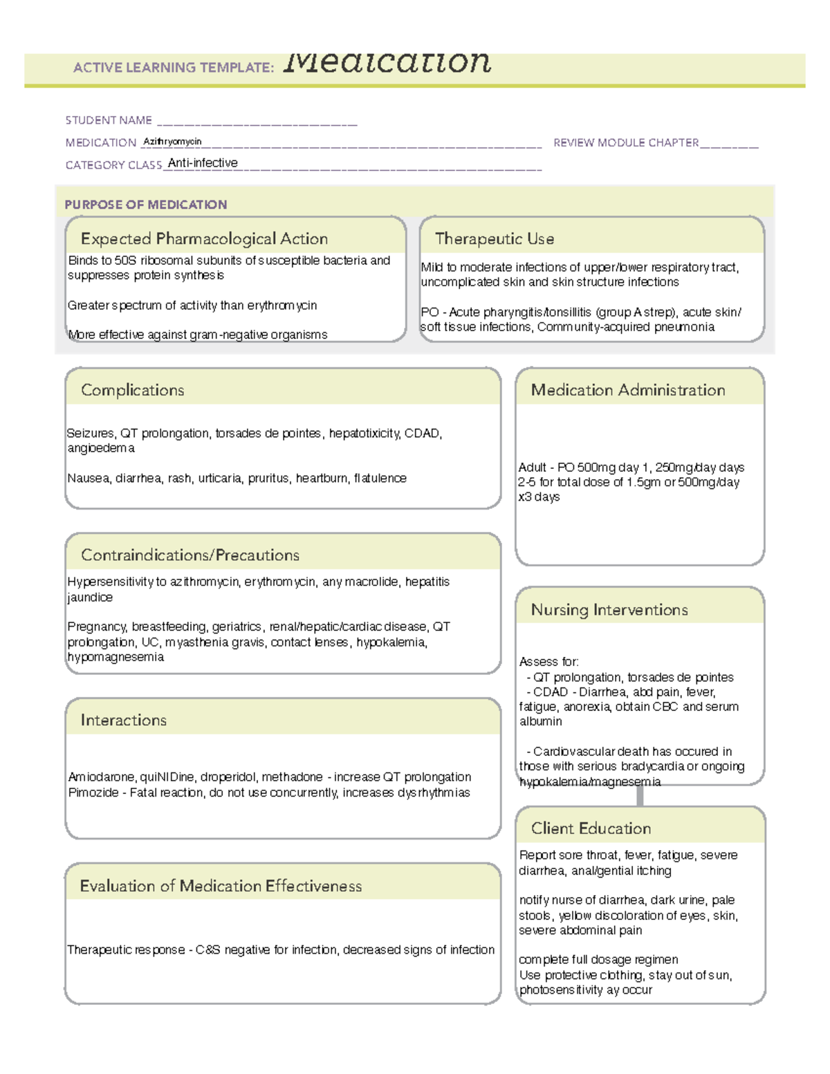 Azithromycin - ATI Med Template for Therapeutic Procedure A - Studocu