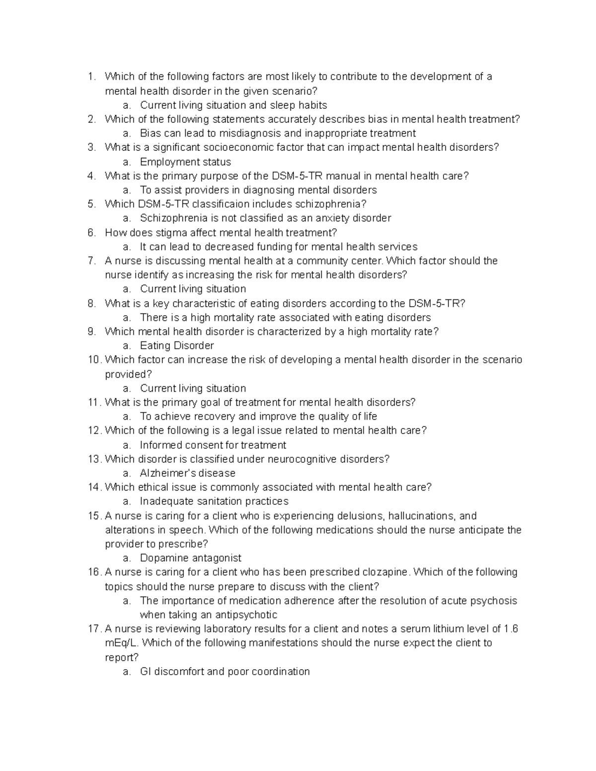 Mental Health Quiz Questions (MH101) - Key Factors & Concepts - Studocu