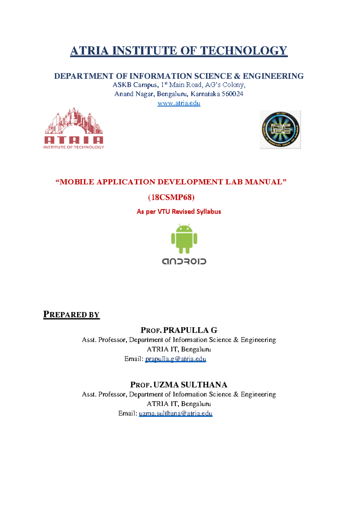 MOBILE APPLICATION DEVELOPMENT LAB MANUAL (18CSMP68) - Studocu