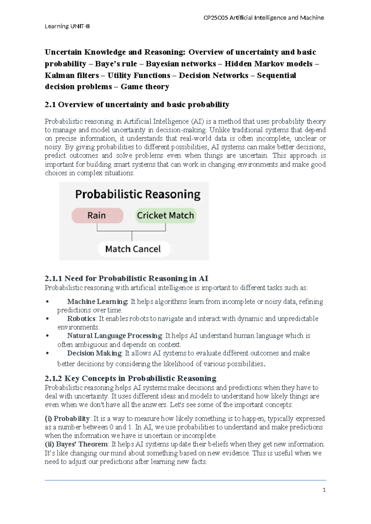 CP25C05 Artificial Intelligence and Machine Learning: Probabilistic ...