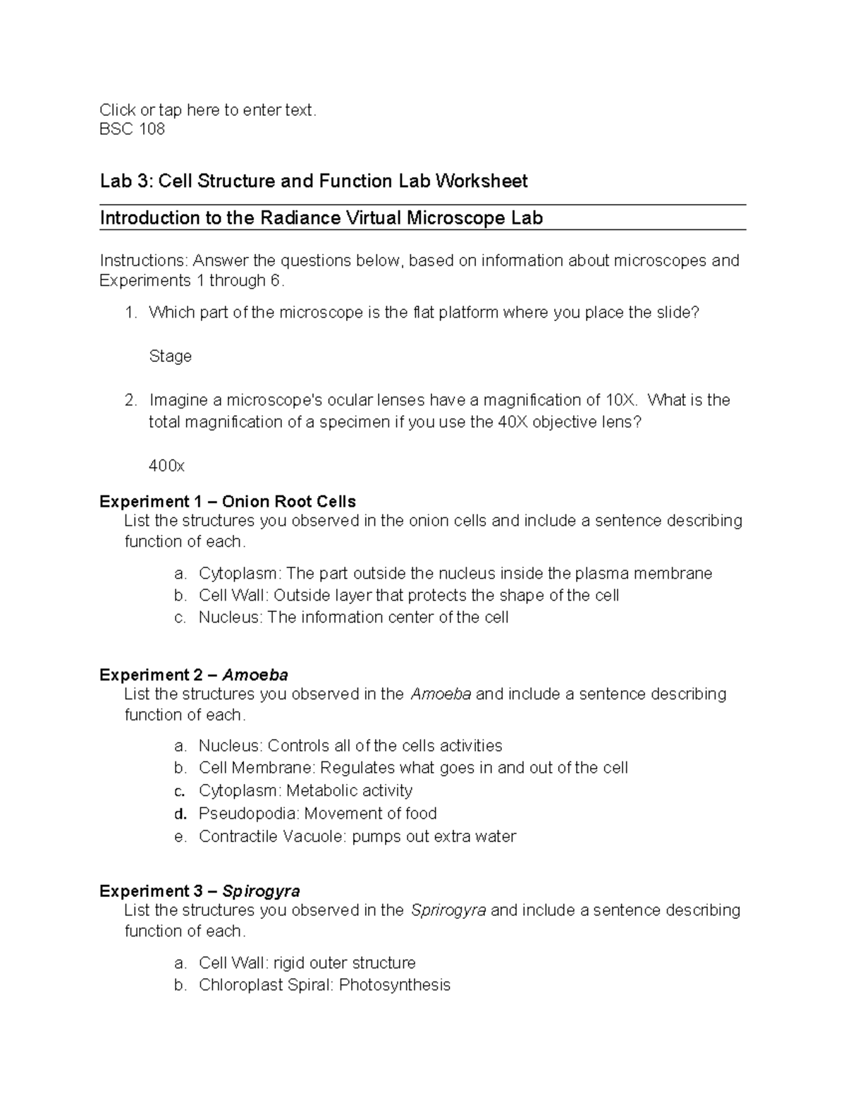 BSC 108 Lab 3: Cell Structure & Function Worksheet - Studocu