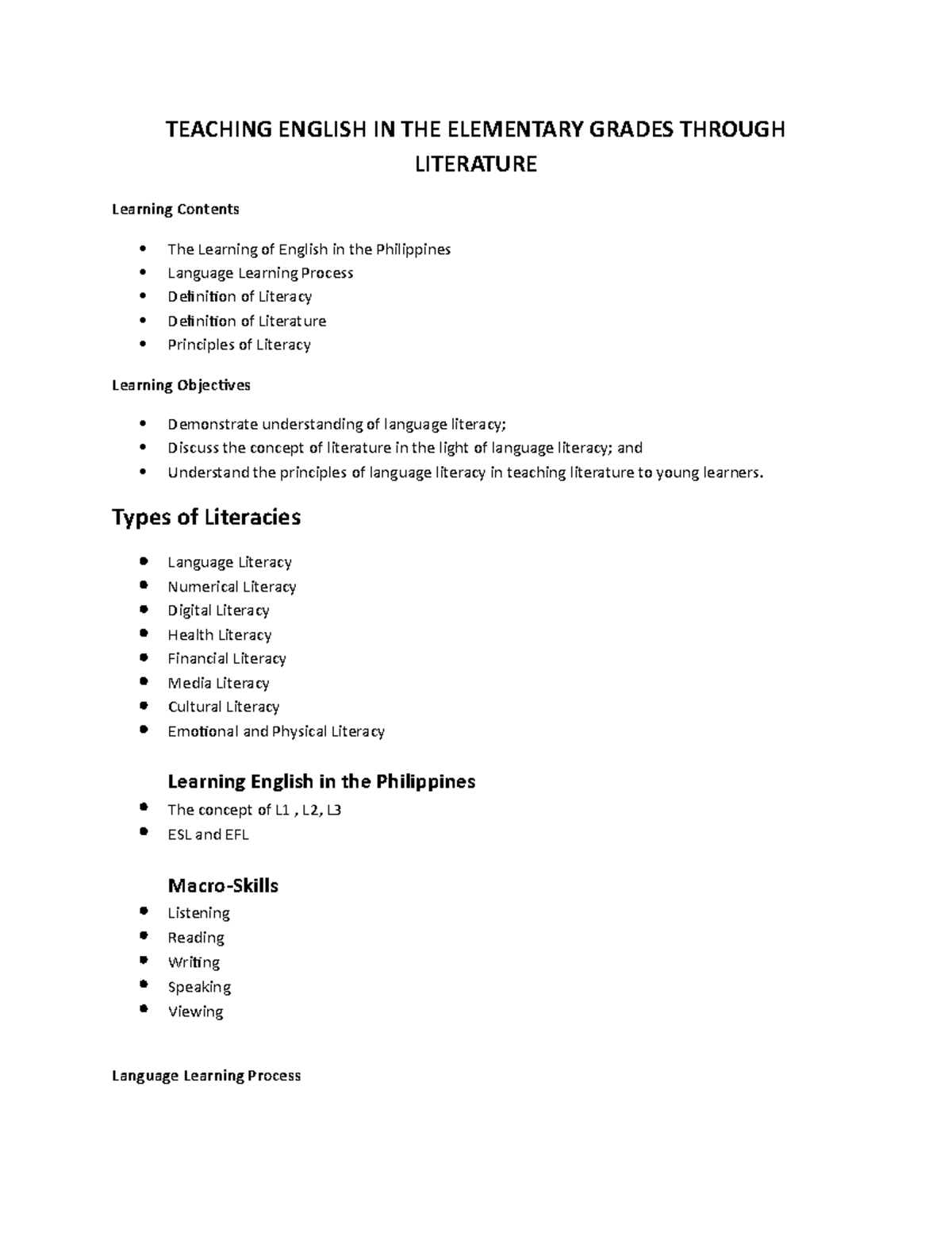 Teaching English in Elementary Grades Through Literature: Overview and ...