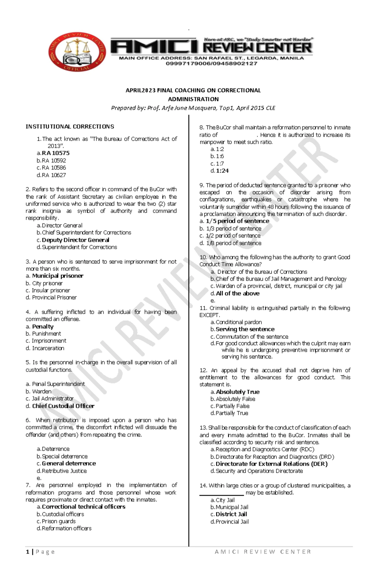 April 2023 Final Coaching on Correctional Administration - Answer Key ...