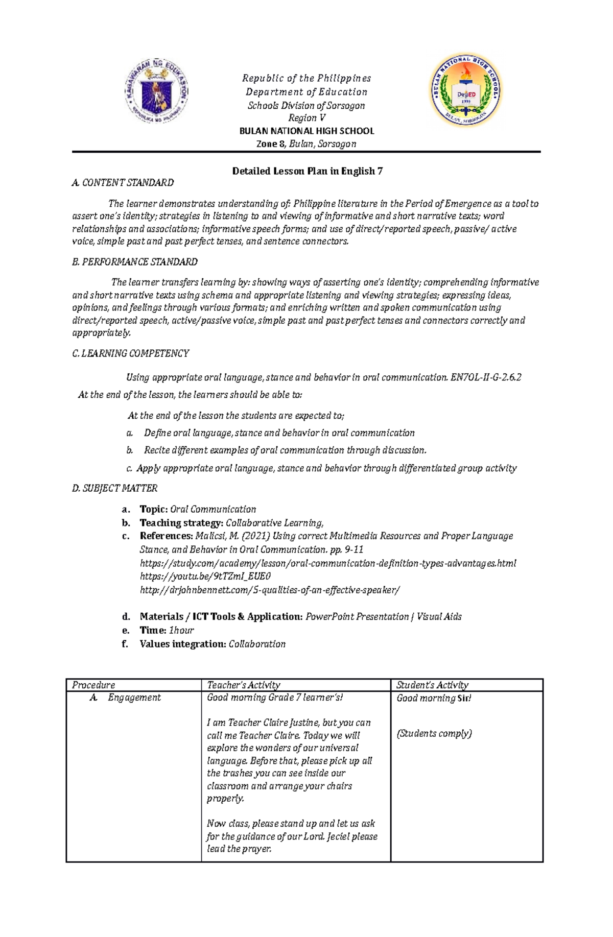 Detailed Lesson PLAN - Republic of the Philippines Department of ...