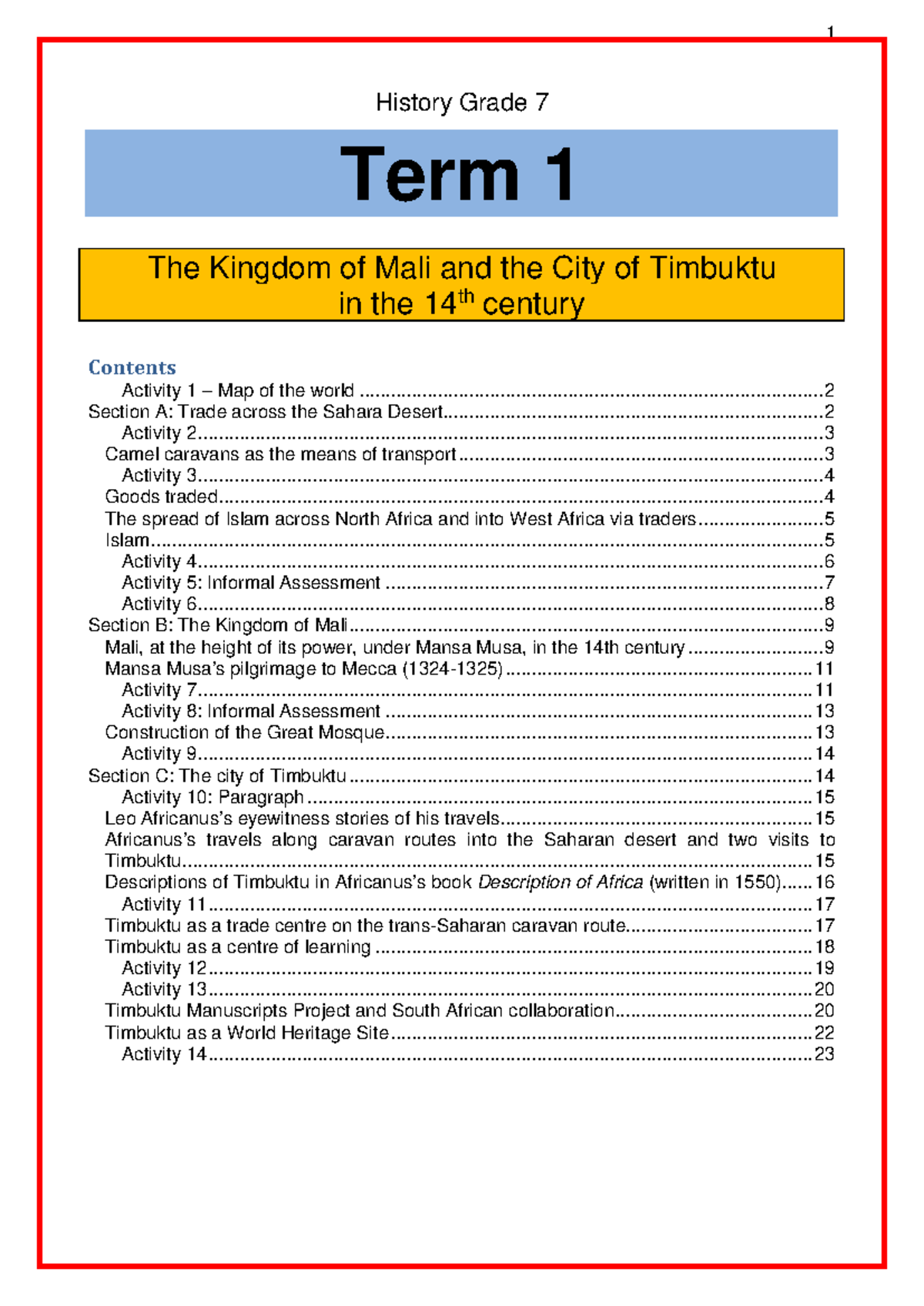 History Grade 7 Term 1: The Kingdom of Mali & Timbuktu in the 14th ...