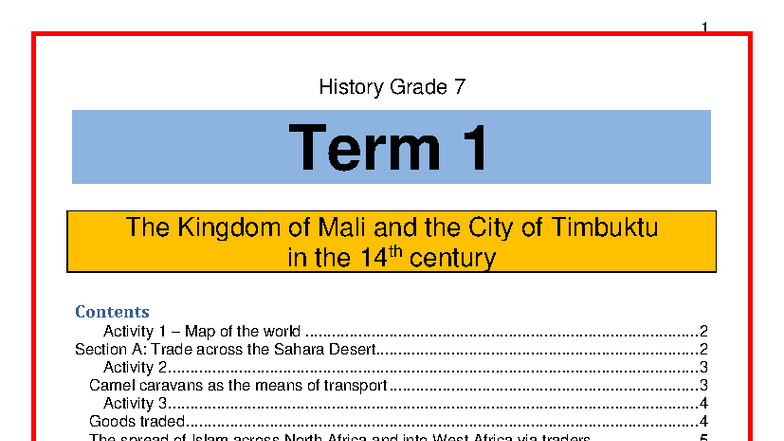 History Grade 7 Term 1: The Kingdom of Mali & Timbuktu in the 14th ...
