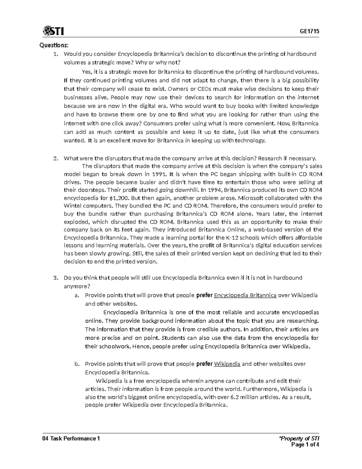 GE 04 Task Performance Analysis: Strategic Moves of Britannica - Studocu