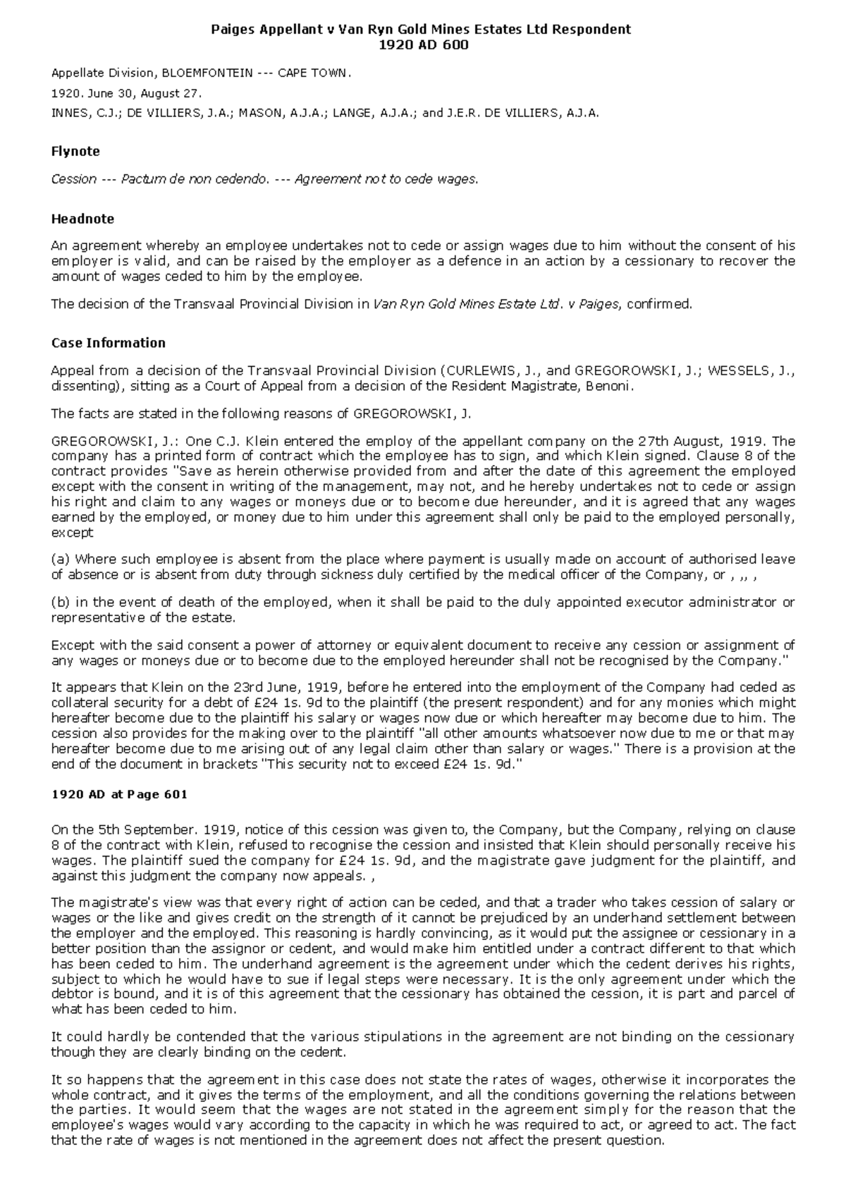 Paiges Appellant v Van Ryn Gold Mines Estates Ltd (1920 AD 600 ...