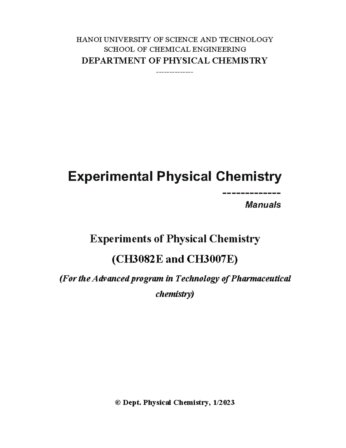 Experimental Physical Chemistry Lab Manual for CH3082E & CH3007E - Studocu