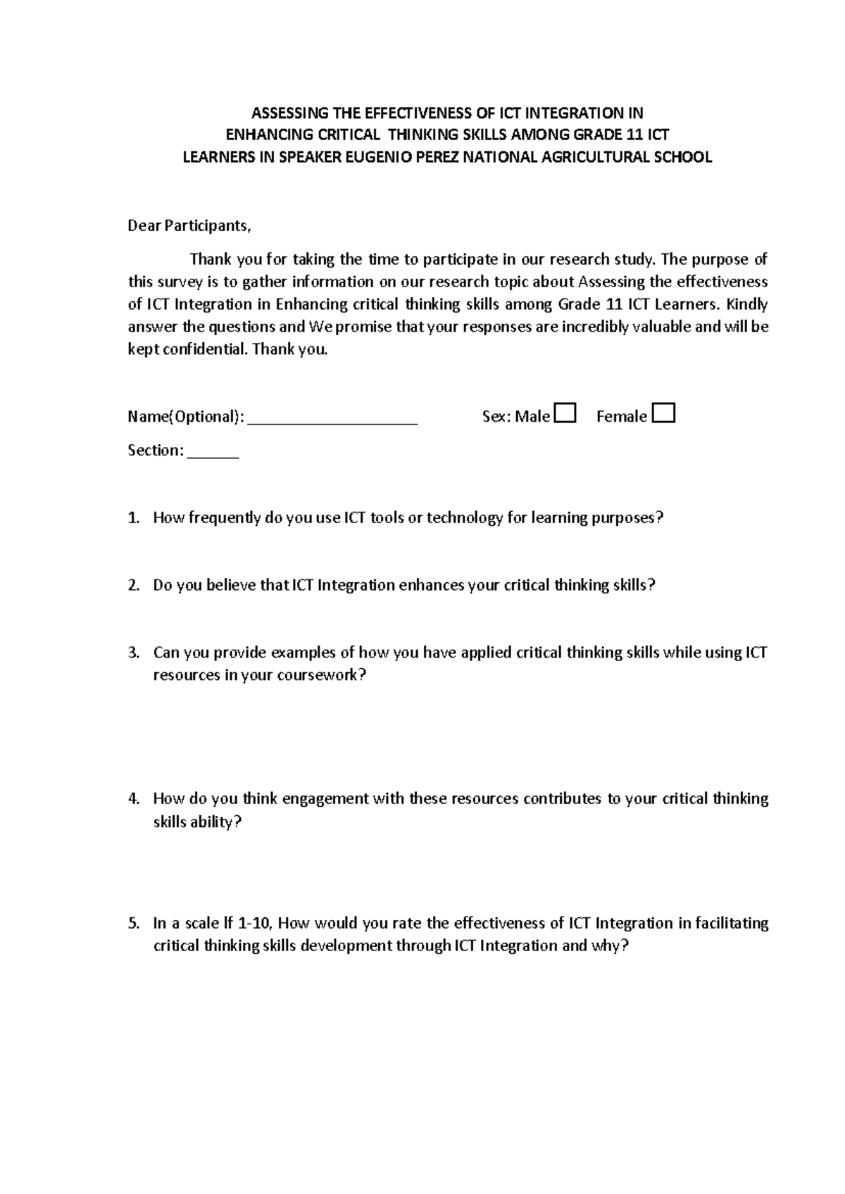 Survey Questionnaire on ICT Integration & Critical Thinking - Grade 11 ...