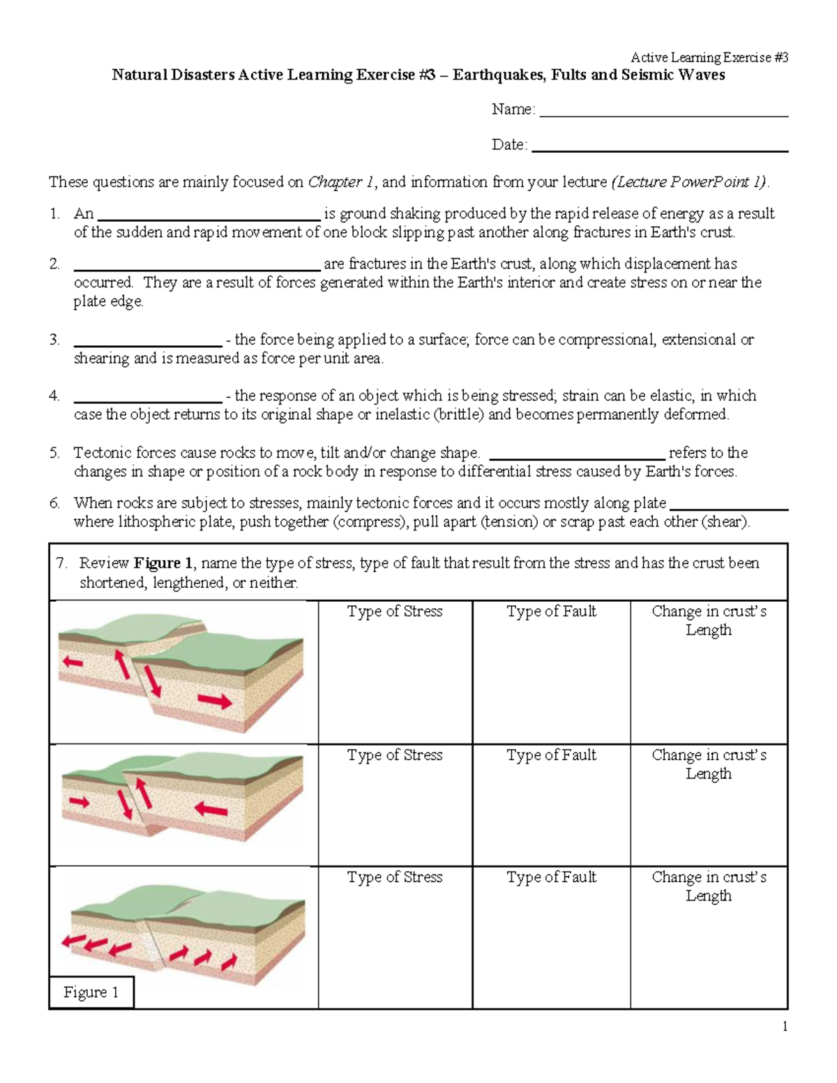 Natural Disasters Active Learning Exercise #3: Earthquakes, Faults, and ...