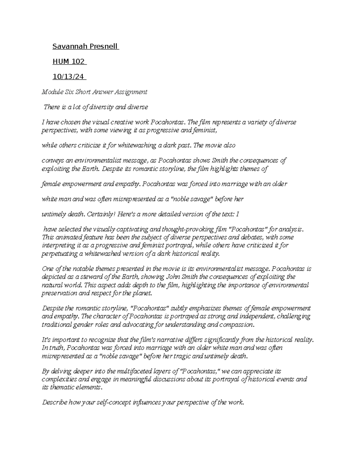 Hum modual 6 short awnsers - Savannah Presnell HUM 102 10/13/ Module ...