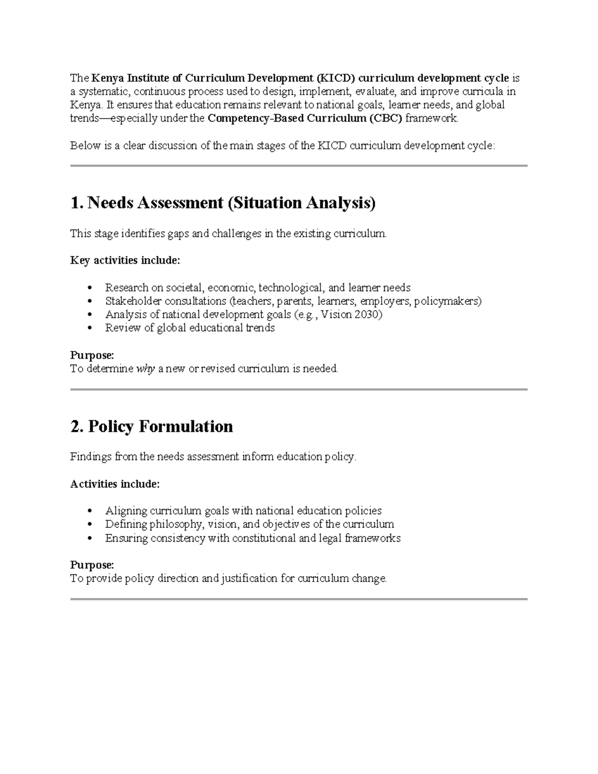 KICD Curriculum Development Cycle: Stages and Rationale Explained - Studocu