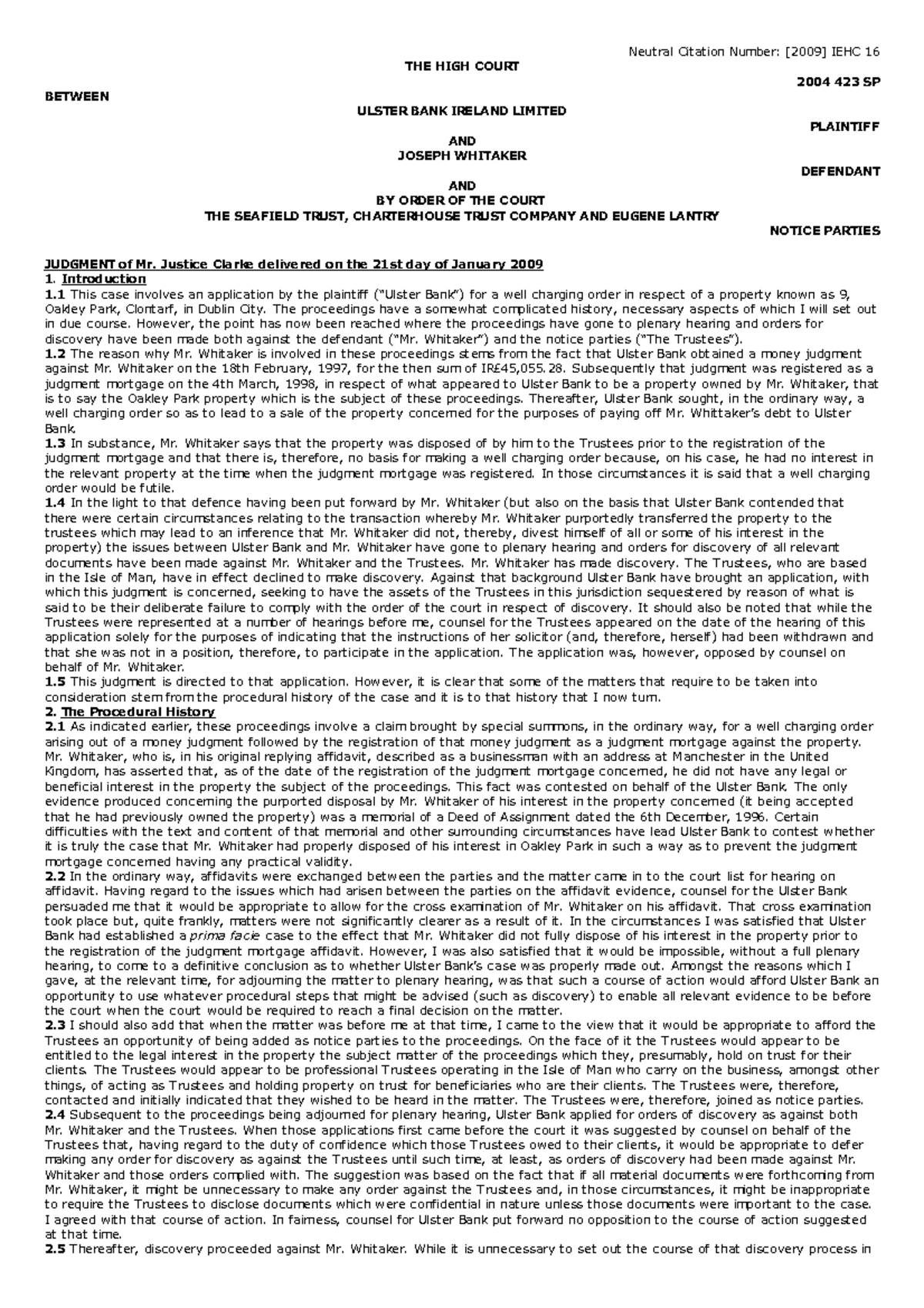 [2009] IEHC 16 - Ulster Bank v. Whitaker: Judgment on Discovery Order ...