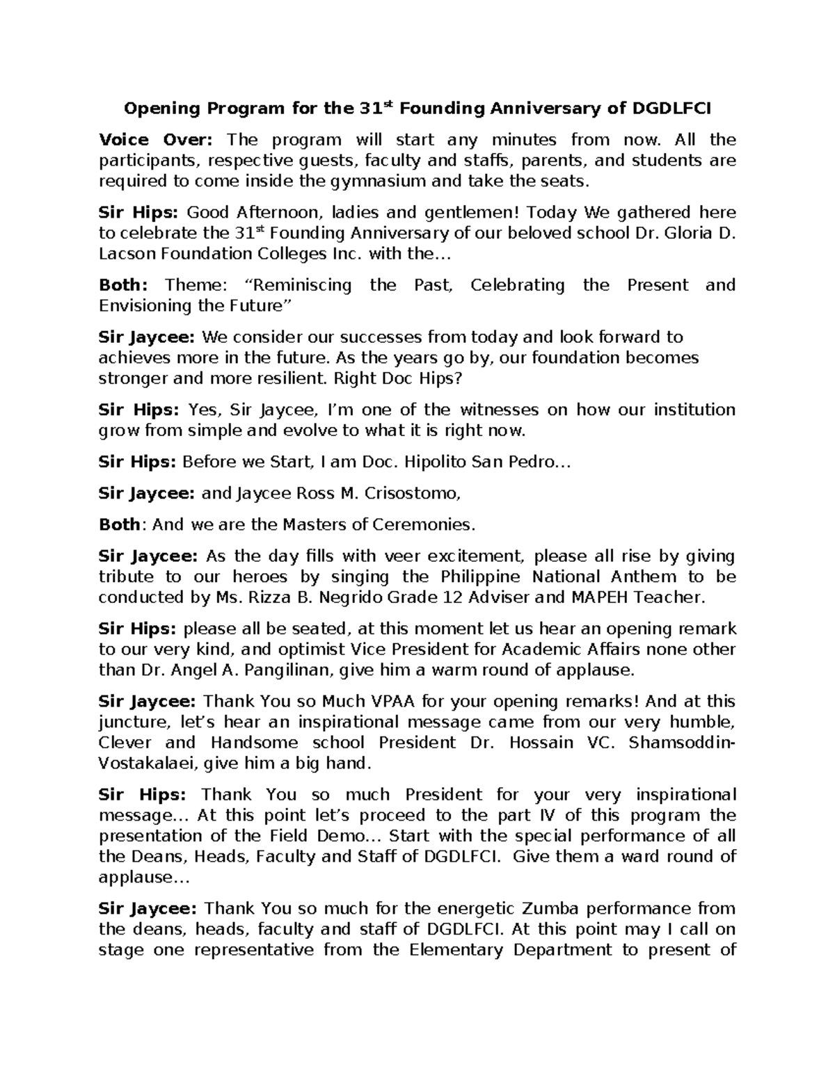 Opening Program Script for 31st Founding Anniversary of DGDLFCI - Studocu