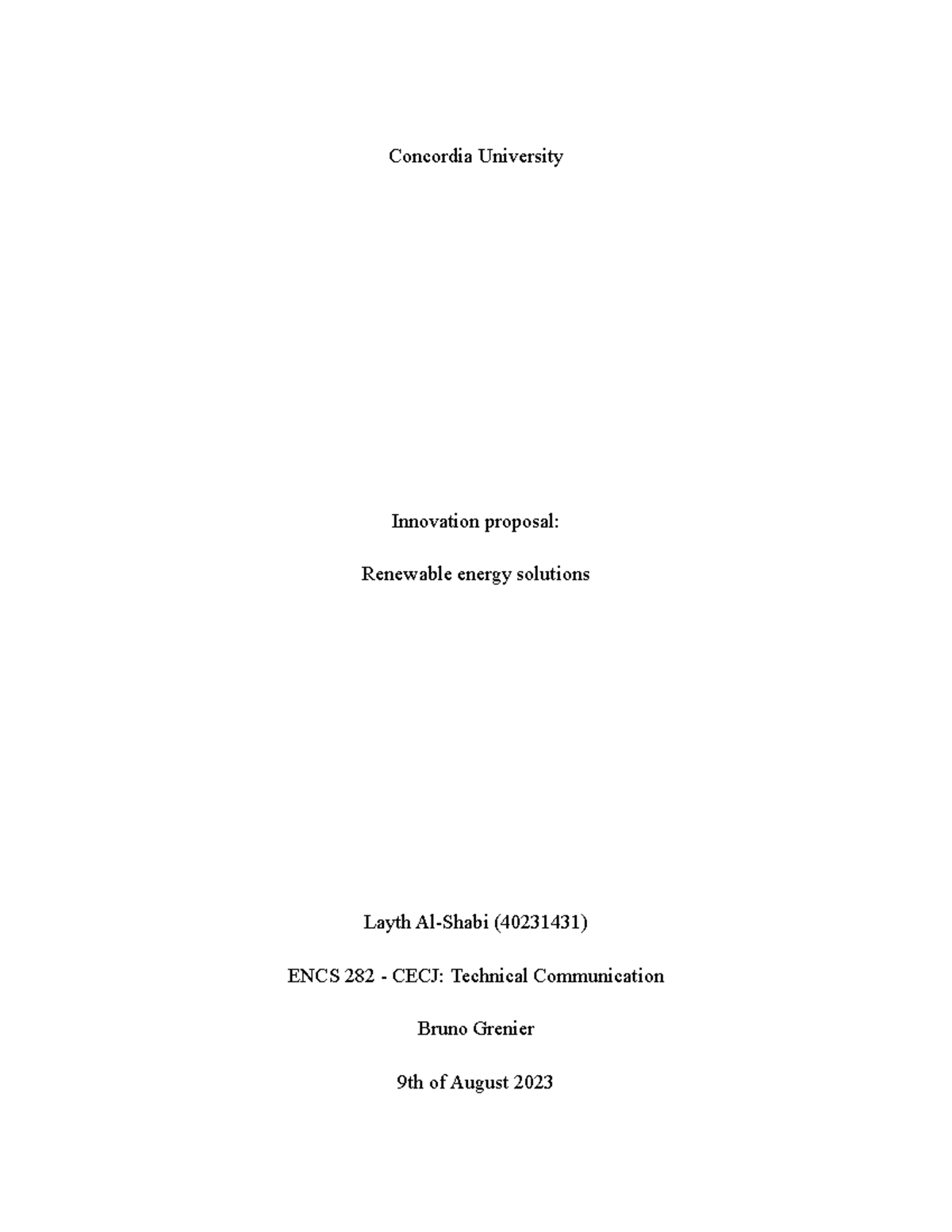 ENCS 282 - Innovation Proposal for Renewable Energy Solutions at Concordia - Studocu